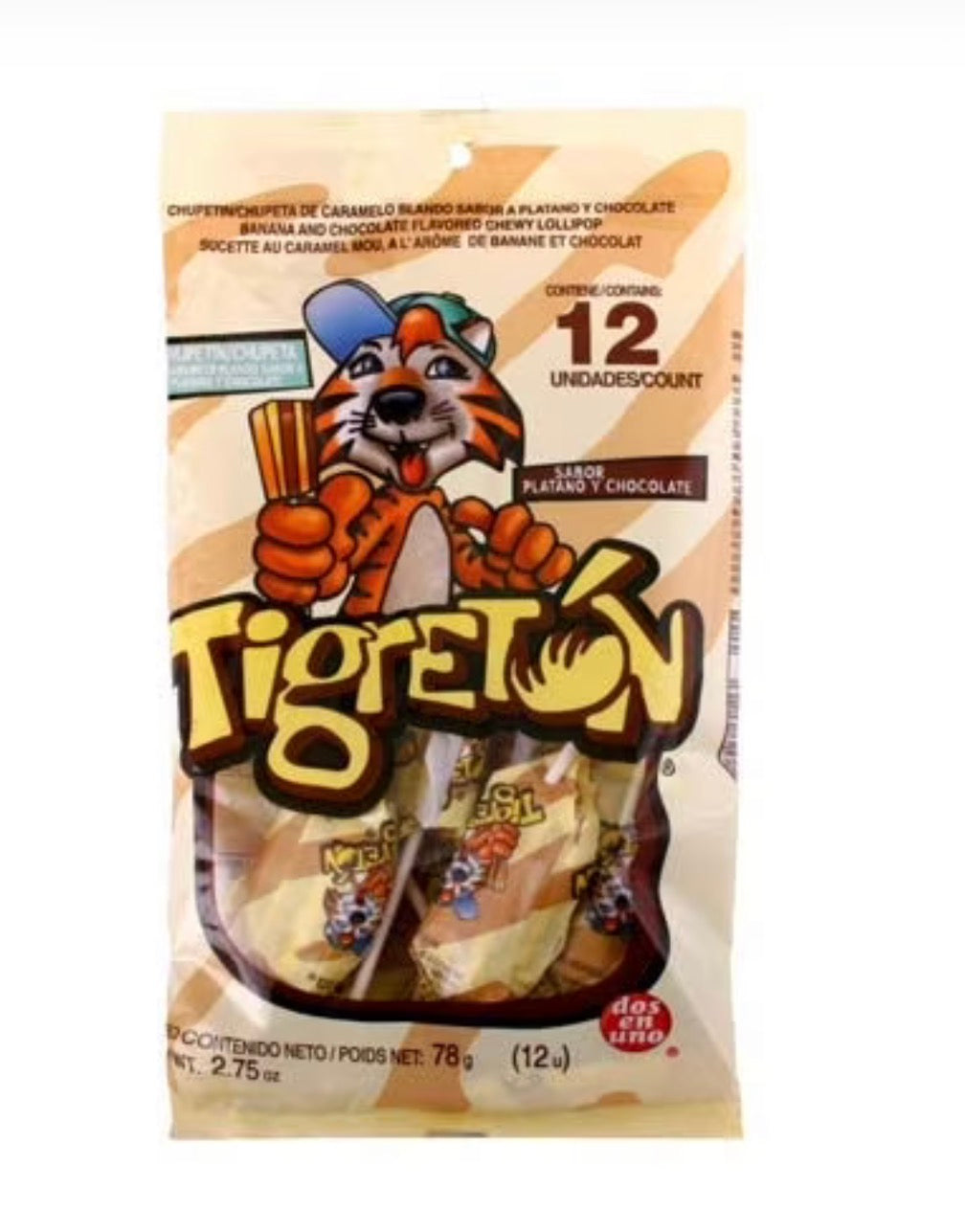 Dos En Uno Masticable Tigreton 68 gr , 12 Un Sabor plátano /chocolate ...
